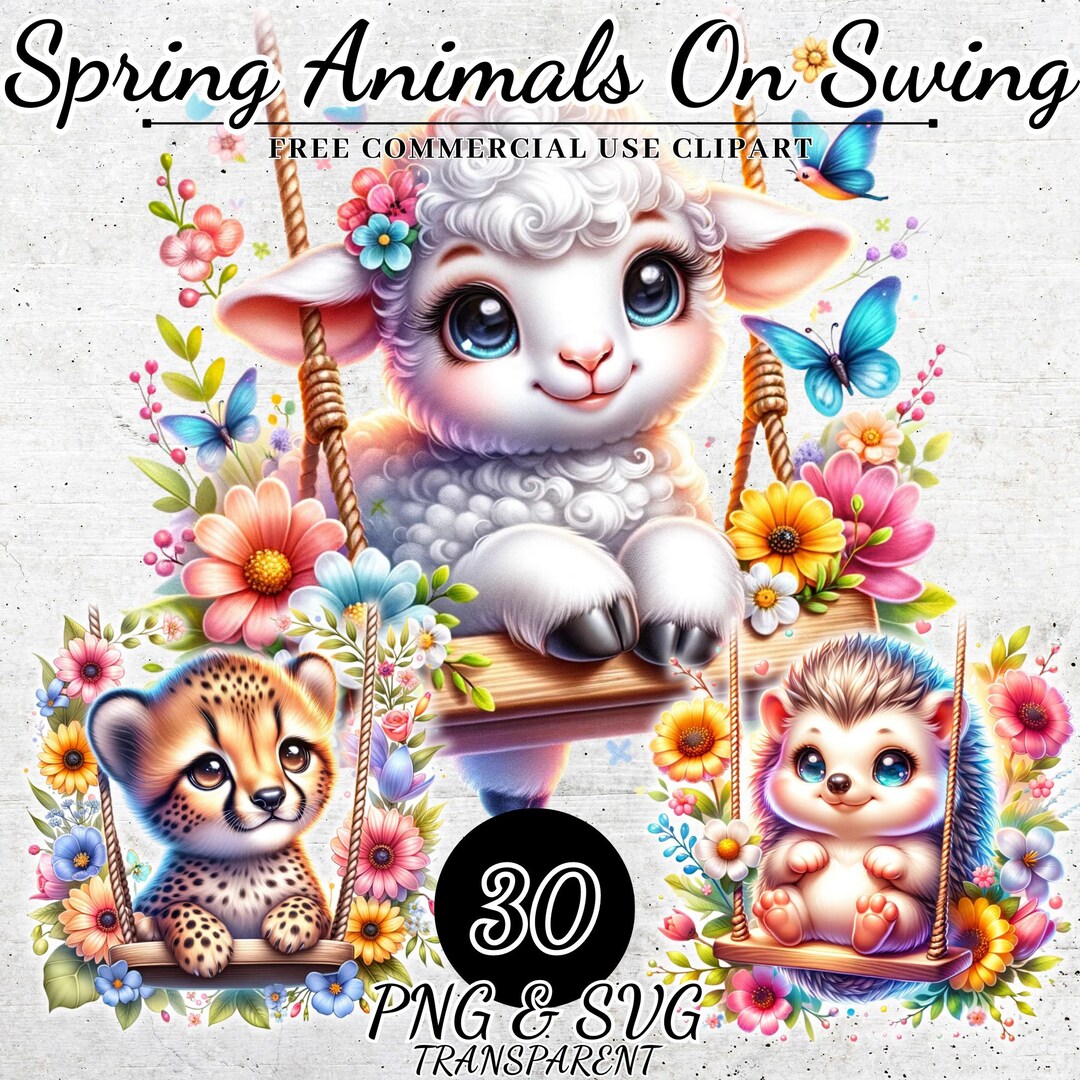 Spring Animals on Swing Clipart, Spring Decorations Clipart, Safari ...