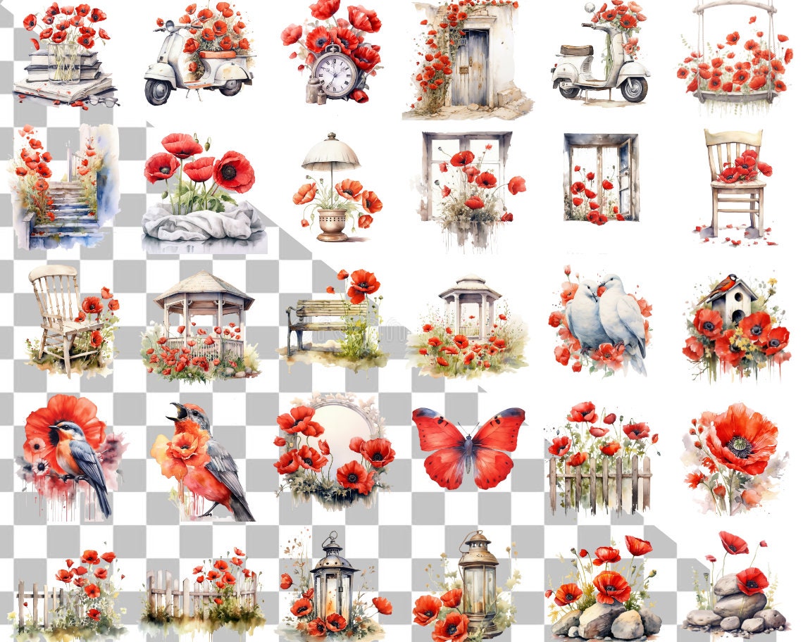 70 Poppy Garden Clipart Bundl Watercolor Flower Bundle Poppy - Etsy