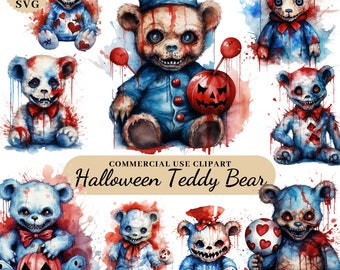 Halloween Scary Teddy Bear Watercolor Clipart, Halloween Bear Decor ...