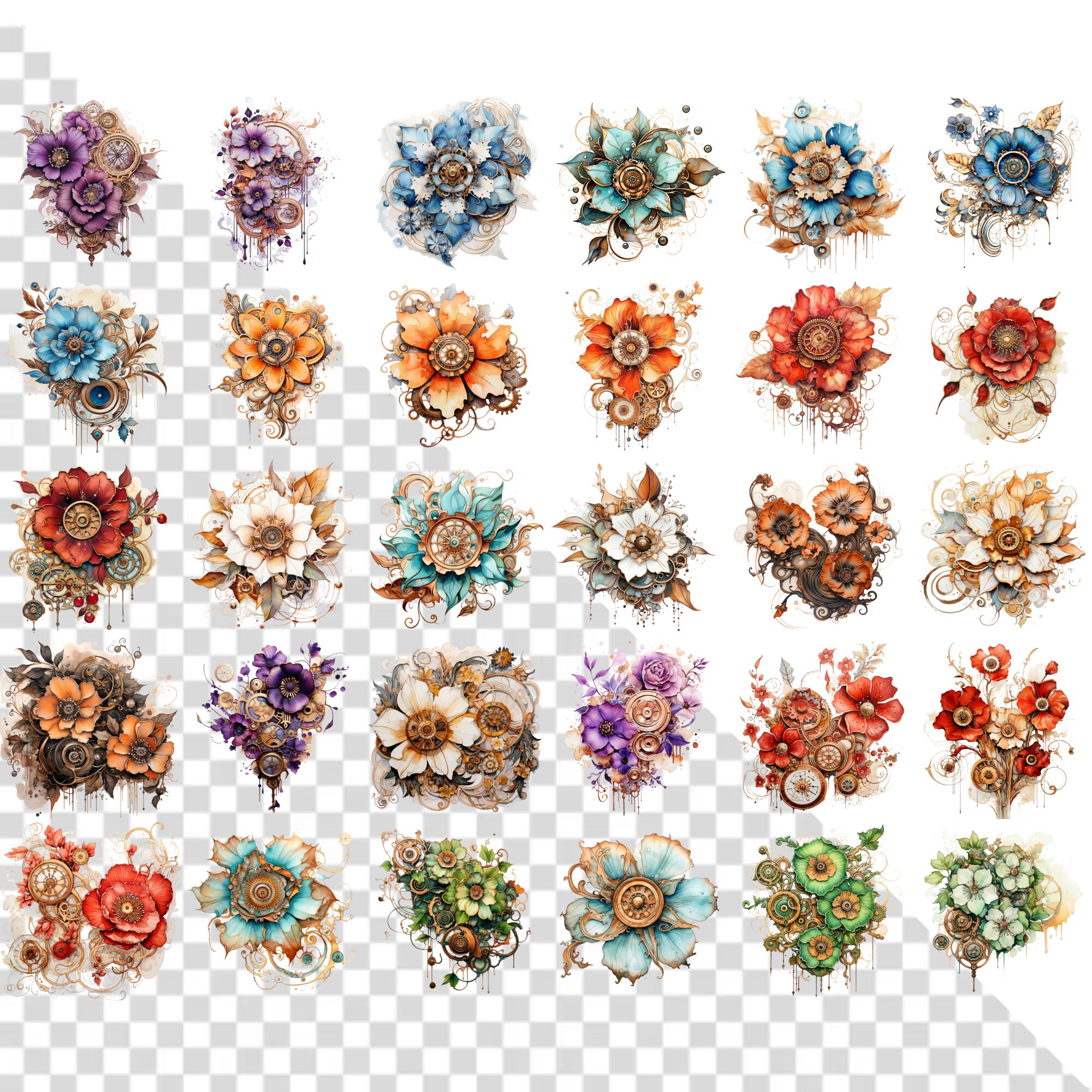 Watercolor Steampunk Flowers Clipart Bundle, Steampunk Fantasy Clipart ...