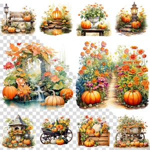 Watercolor Pumpkin Garden Clipart Bundle, Autumn Fall Farmhouse, Fall ...
