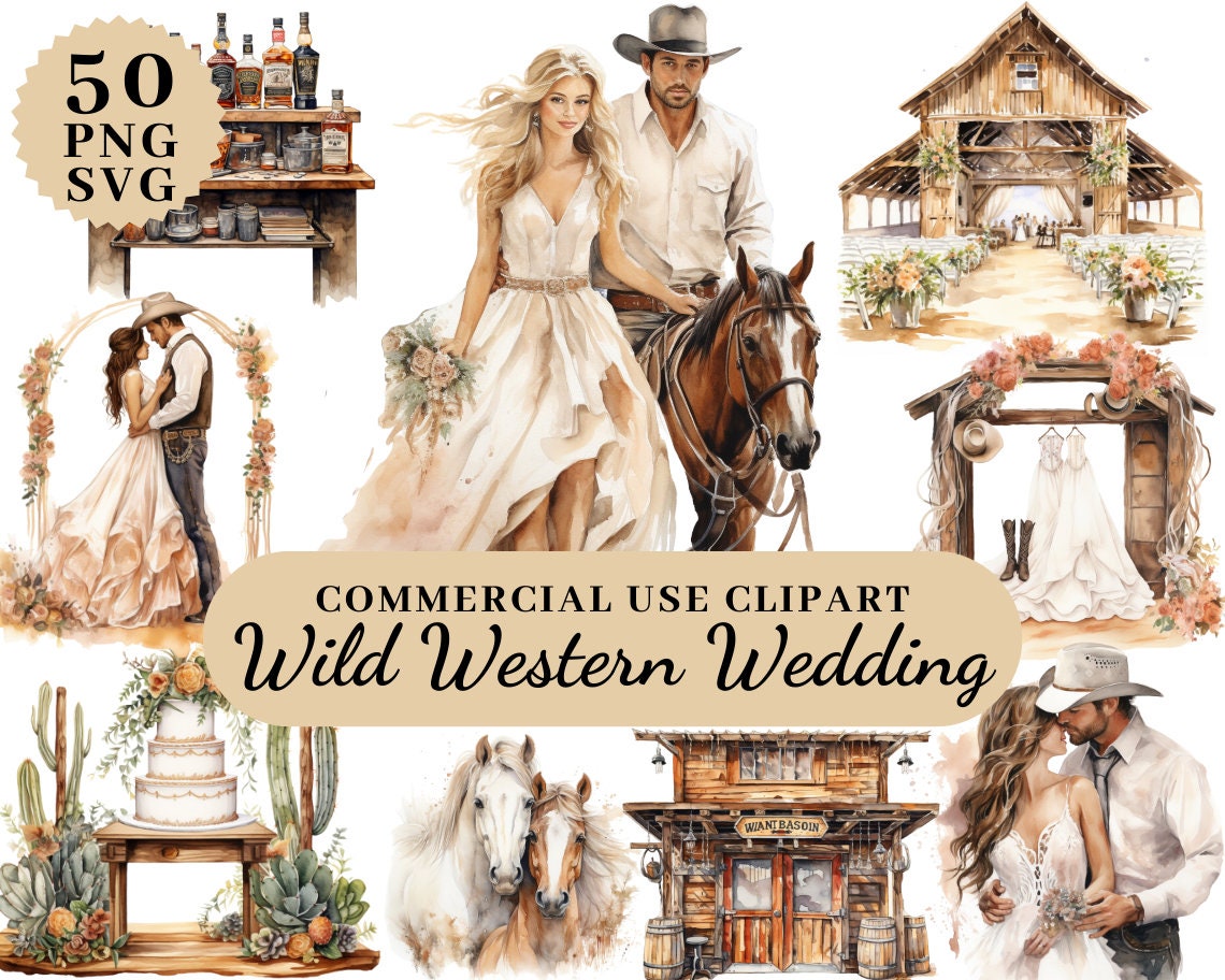 Wild Western Wedding Clipart Bundle Watercolor Ranch Landscapes Clipart ...