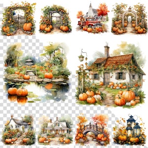 Watercolor Pumpkin Garden Clipart Bundle, Autumn Fall Farmhouse, Fall ...