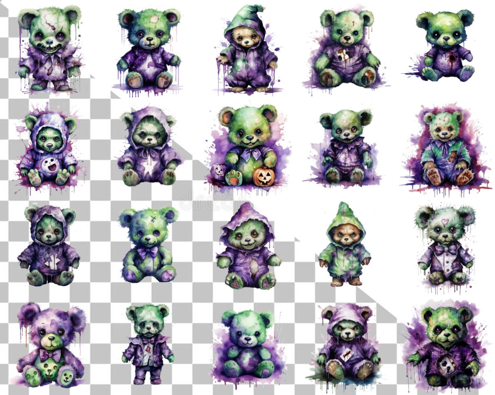 Watercolor Scary Teddy Bear Halloween Clipart, Halloween Bear Decor ...