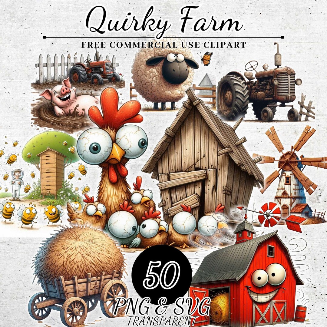Quirky Farm Animal Clipart Collection, Funny Cartoon Farm Animal Pngs ...