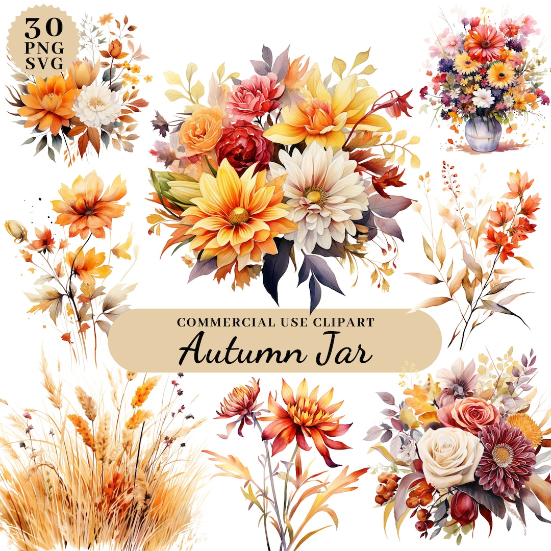 Watercolor Autumn Flowers Clipart, Autumnal Wedding Flowers, Dried ...