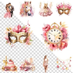 Watercolor Happy New Year Clipart, Pink New Years Decorations PNG SVG ...