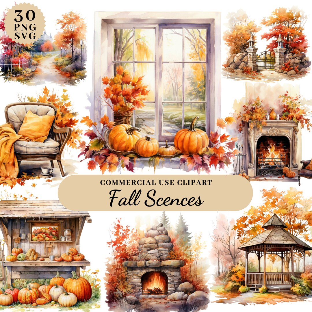 Watercolor Fall Scences Clipart Bundle, Autumn Fall Farmhouse, Cozy ...