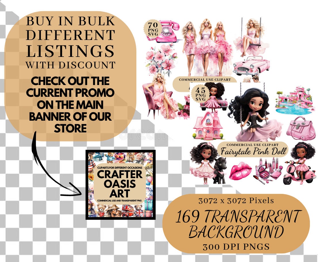 Watercolor Fashion Pink Dolls Clipart BUNDLE, Princess Doll Clipart ...