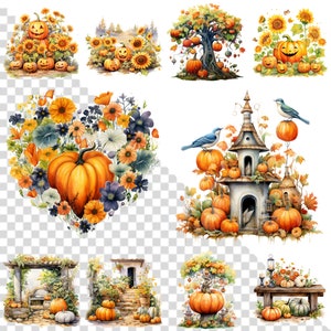 Watercolor Pumpkin Garden Clipart Bundle, Autumn Fall Farmhouse, Fall ...