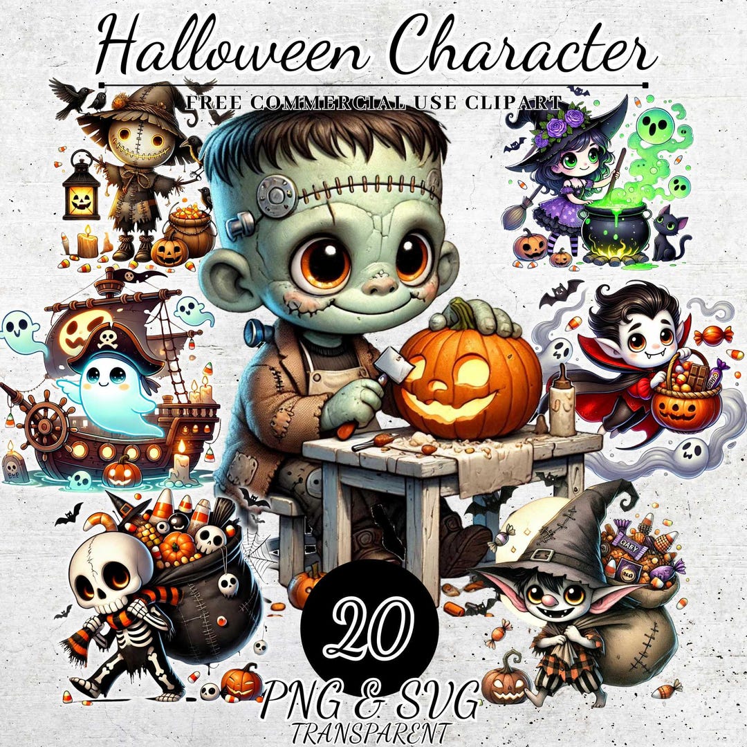Cute Halloween Character Clipart, Witch, Vampire, Mummy & Skeleton ...
