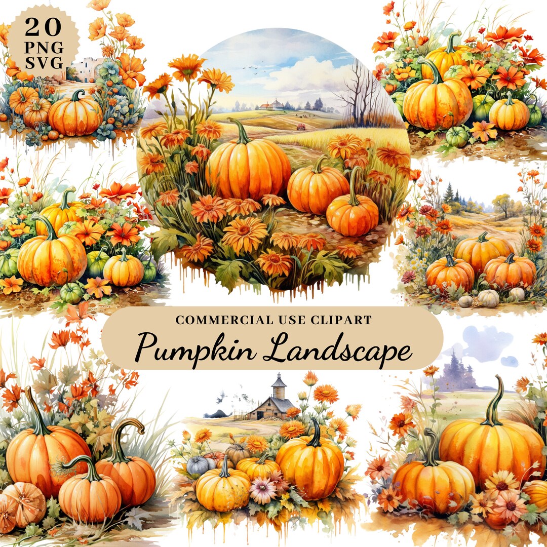 Watercolor Pumpkin Landscape Clipart, Cozy Fall Clipart Set, Fall ...