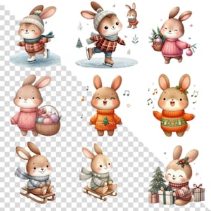 Woodland Christmas Bunny Clipart, Festive Bunny Graphics, Cute Holiday ...