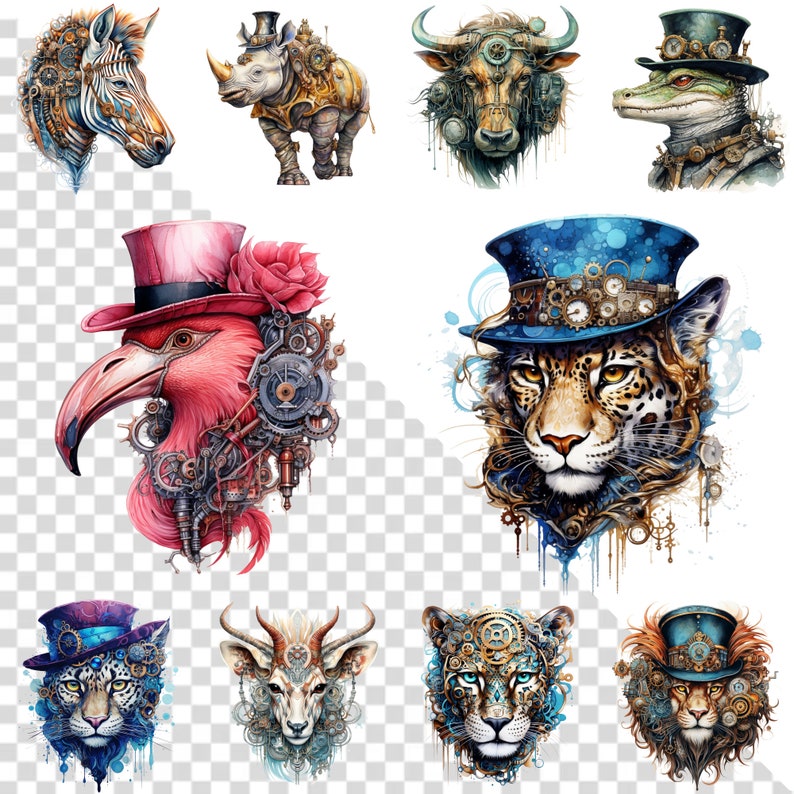 Watercolor Steampunk Safari Animals Clipart Bundle - Etsy