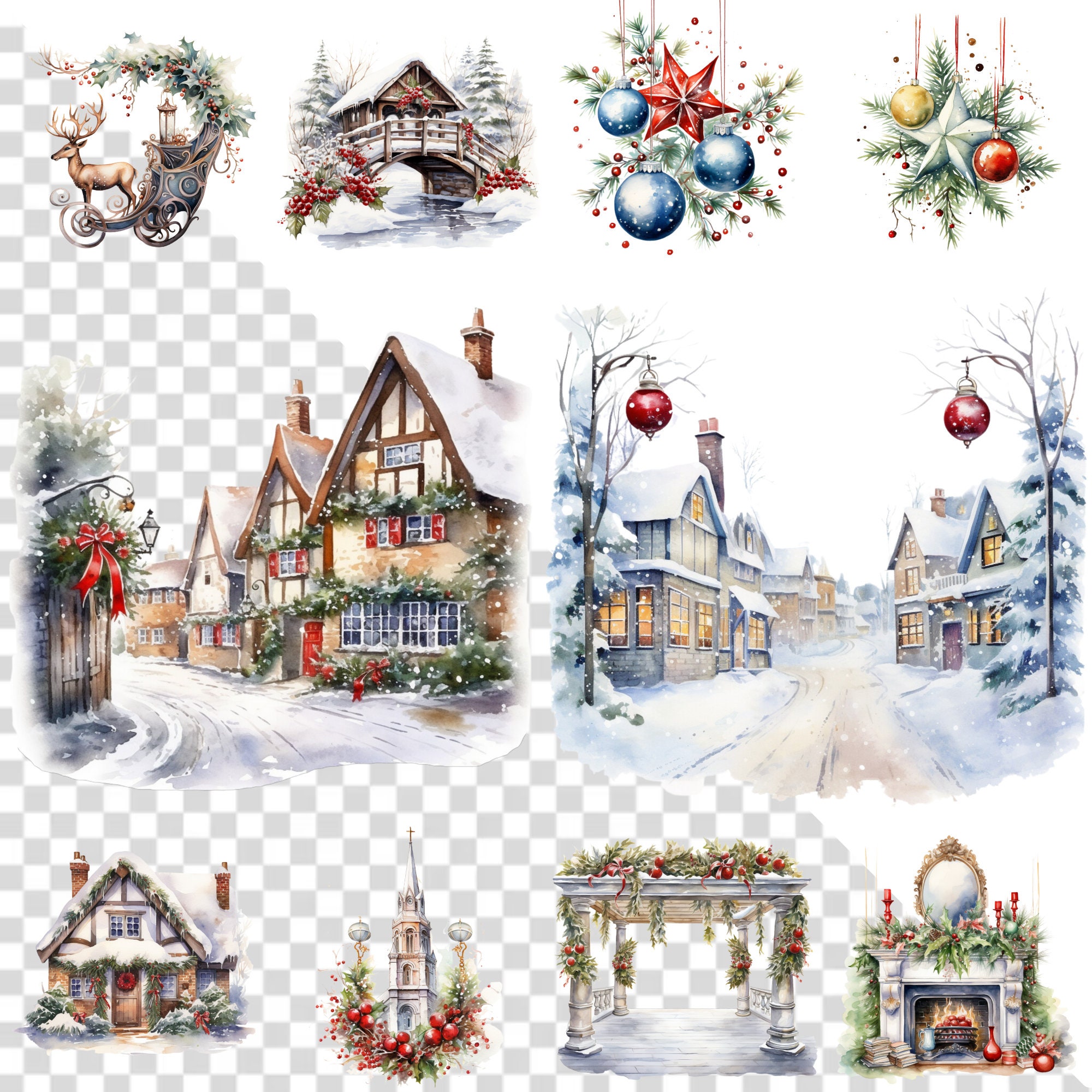 Watercolor Christmas Scene Clipart, Christmas Decorations Clipart ...