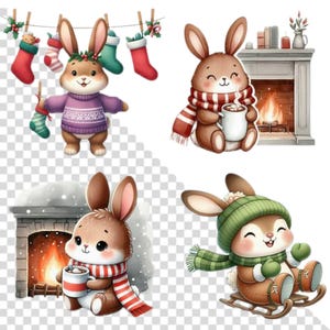 Woodland Christmas Bunny Clipart, Festive Bunny Graphics, Cute Holiday ...