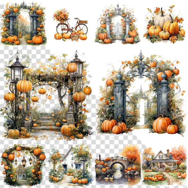 Watercolor Pumpkin Garden Clipart Bundle, Autumn Fall Farmhouse, Fall ...