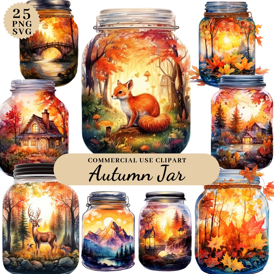 Watercolor Autumn Jar Clipart Bundle, Fall Scences Clipart, Autumn Fall ...