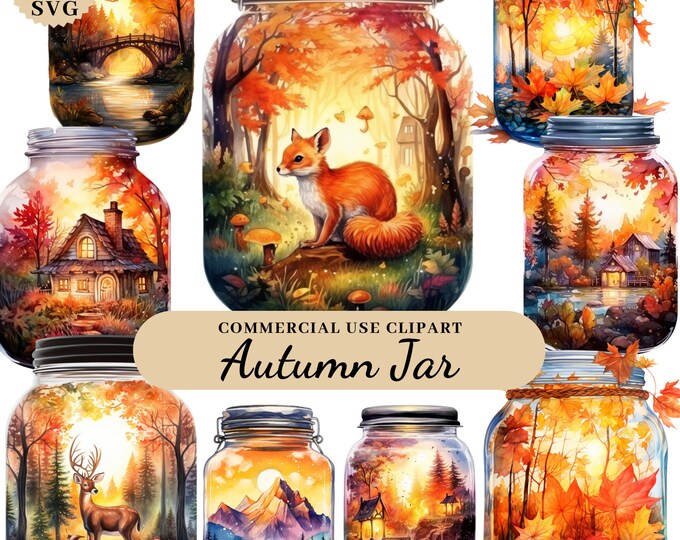 Watercolor Autumn Jar Clipart Bundle, Fall Scences Clipart, Autumn Fall ...