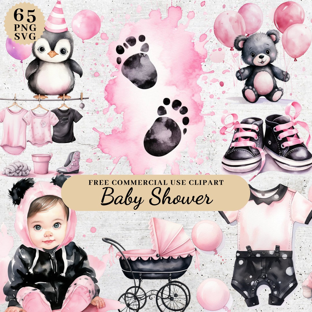 Pink and Black Baby Shower Clipart Decorations, Baby Shower Digital ...
