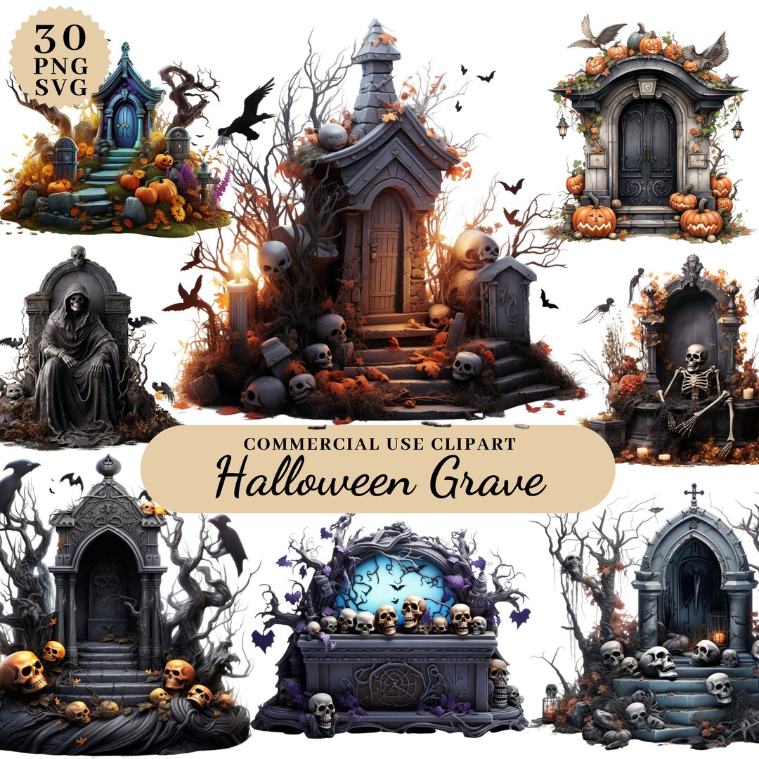 Watercolor Halloween Scary Grave Clipart Bundle, Happy Halloween ...