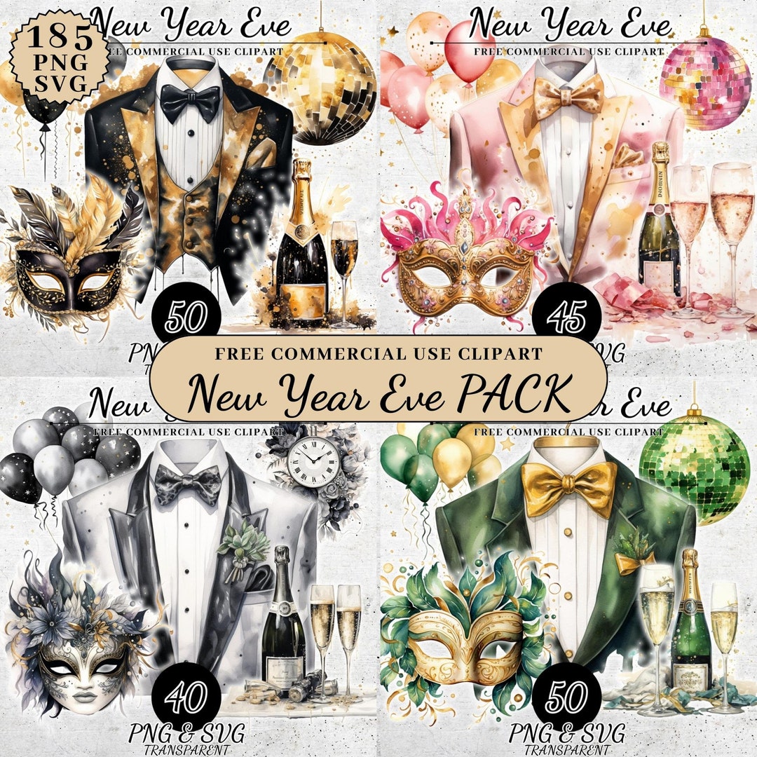 Watercolor Happy New Year Clipart Bundle, New Years Decorations PNG SVG ...