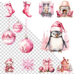 Watercolor Pink Christmas Clipart, Christmas Decorations Clipart ...