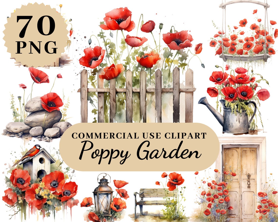 70 Poppy Garden Clipart Bundl Watercolor Flower Bundle Poppy - Etsy
