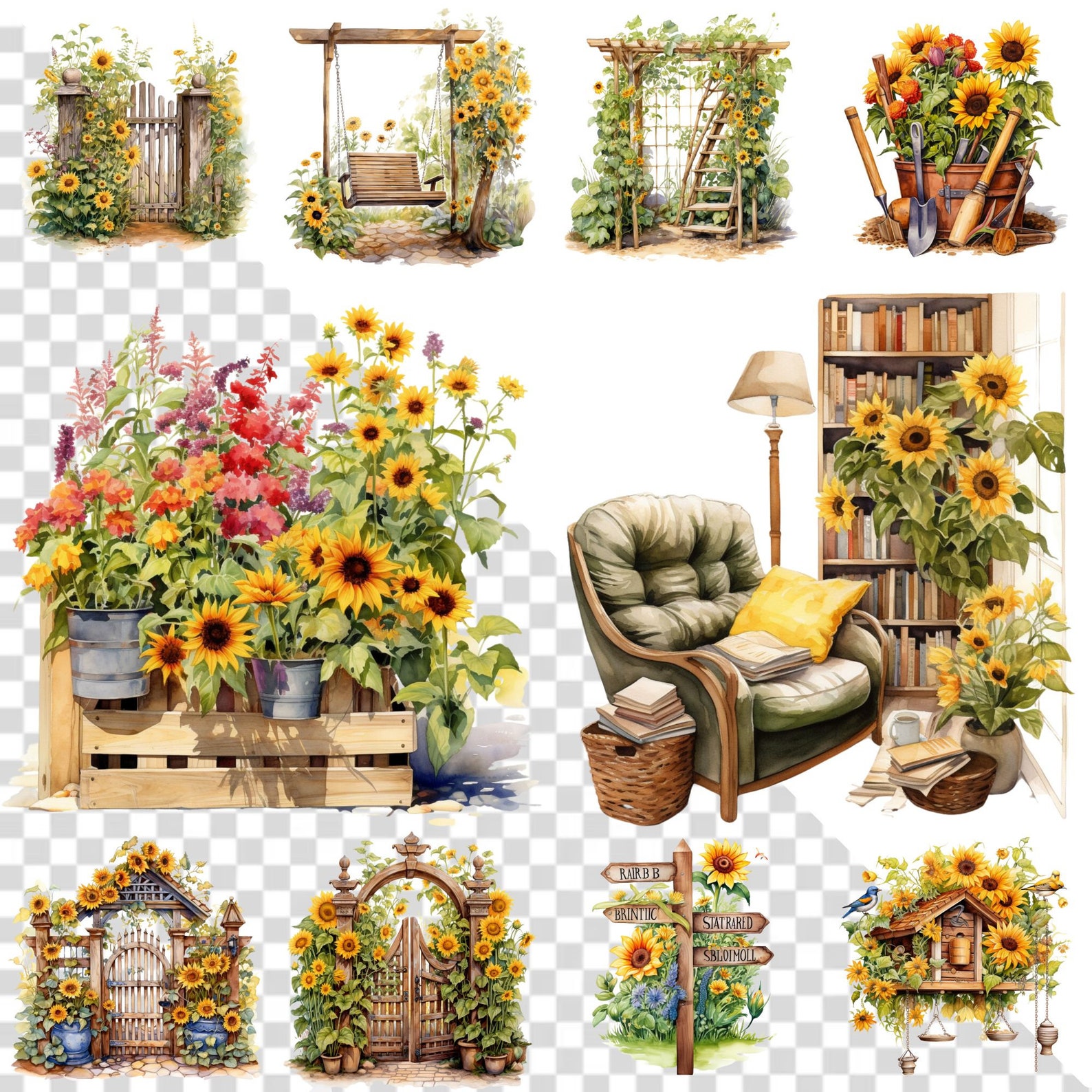 Watercolor Sunflower Garden Clipart, Botanical Sunflower Clipart ...