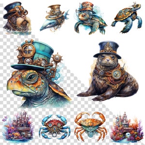 Watercolor Steampunk Ocean Animals Clipart Bundle, Steampunk Animal ...