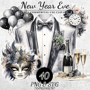 Watercolor Happy New Year Clipart Bundle, New Years Decorations PNG SVG ...