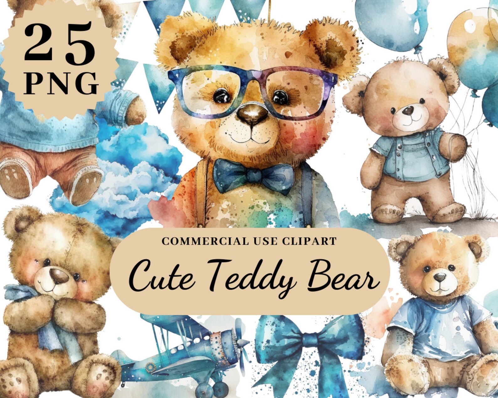 Watercolor Blue Teddy Bear Clip Art Pack Baby Shower - Etsy