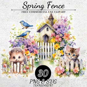 Watercolor Garden Fence Clipart, Spring Decorations Clipart, Spring ...