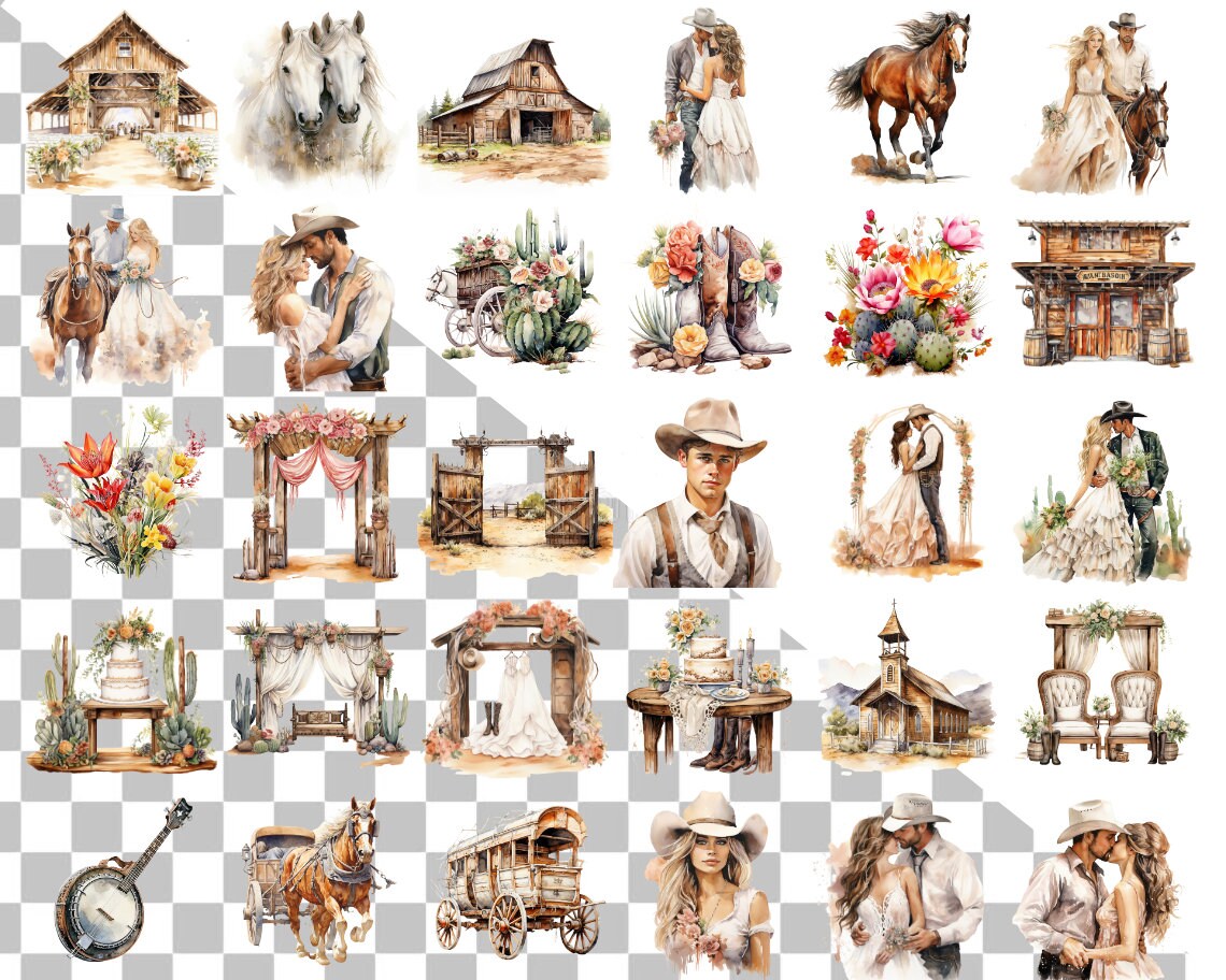 Wild Western Wedding Clipart Bundle Watercolor Ranch Landscapes Clipart ...