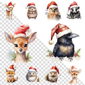 Watercolor Christmas Animals Clipart, Animals With Santa Hat, Christmas ...