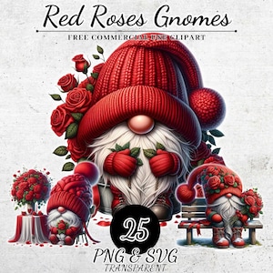 Downloadable Red Roses Gnome Clipart, Gnomes Watercolor Clipart ...