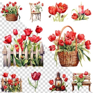 Watercolor Red Tulip Garden Clipart, Spring Decorations Clipart ...