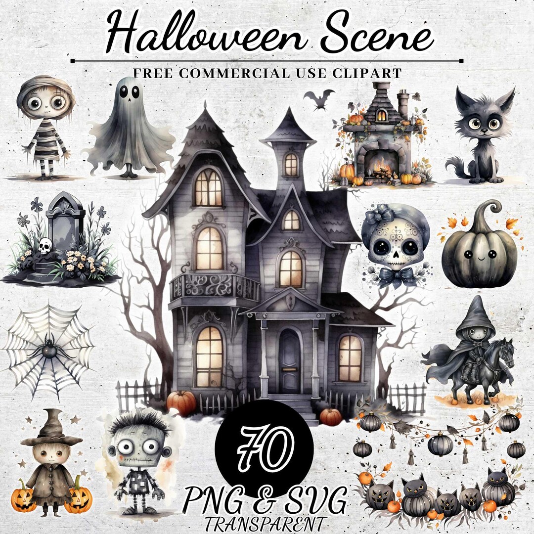 Watercolor Halloween Spooky Scene Clipart Bundle, Scary Halloween ...
