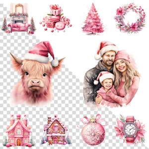 Watercolor Pink Christmas Clipart, Christmas Decorations Clipart ...