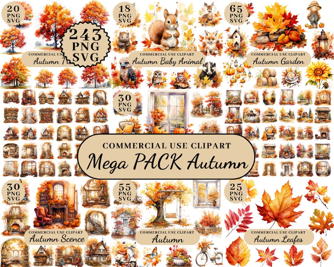 Watercolor Autumn Bundle Clipart PNG SVG Fall Clipart Wall Art - Etsy