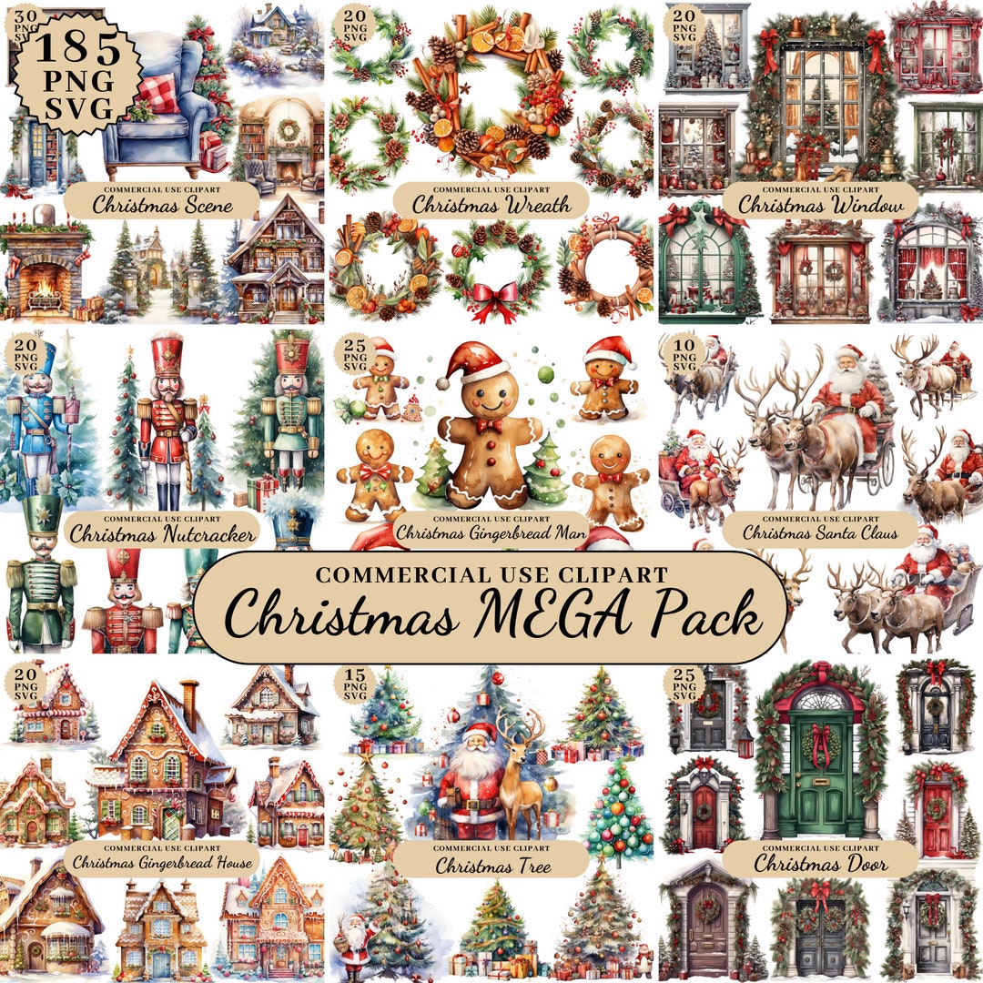 Watercolor Christmas Bundle Clipart, Christmas Decorations Clipart ...