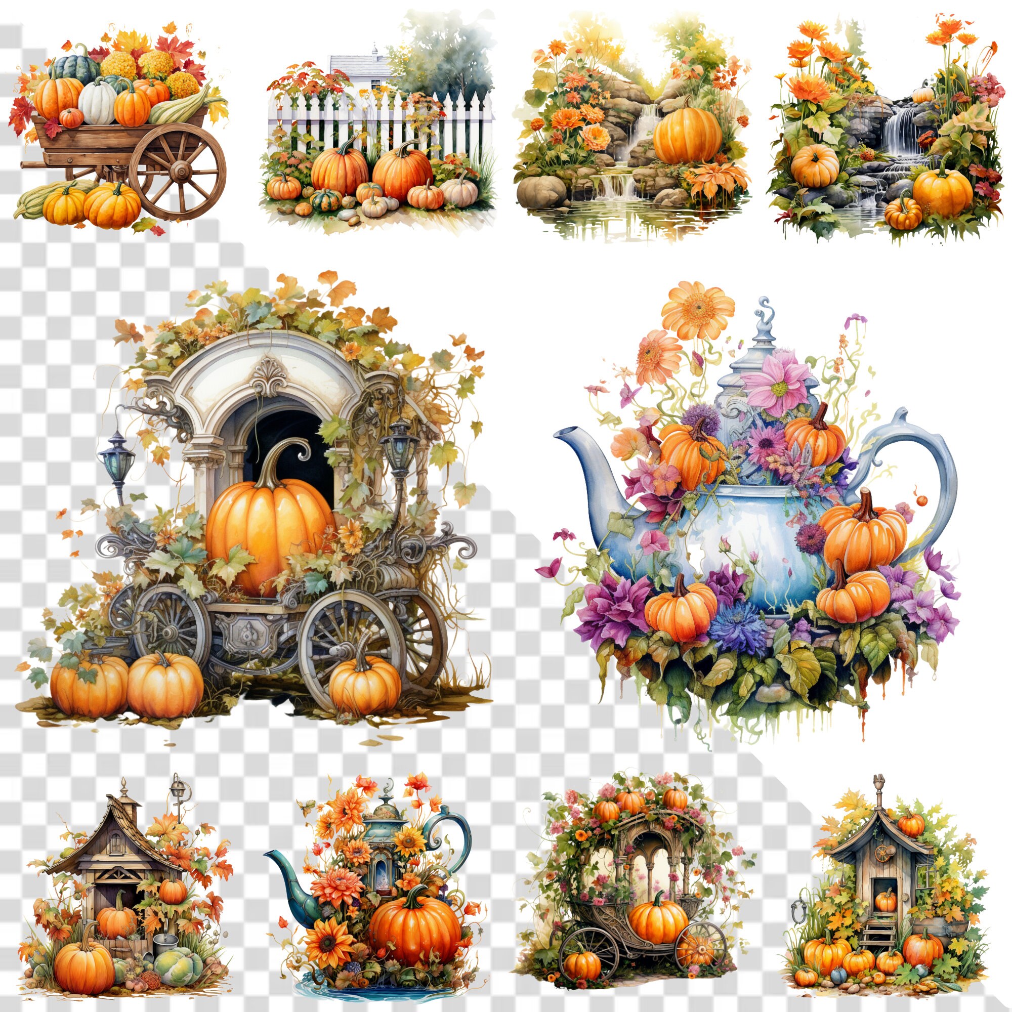 Watercolor Pumpkin Garden Clipart Bundle, Autumn Fall Farmhouse, Fall ...