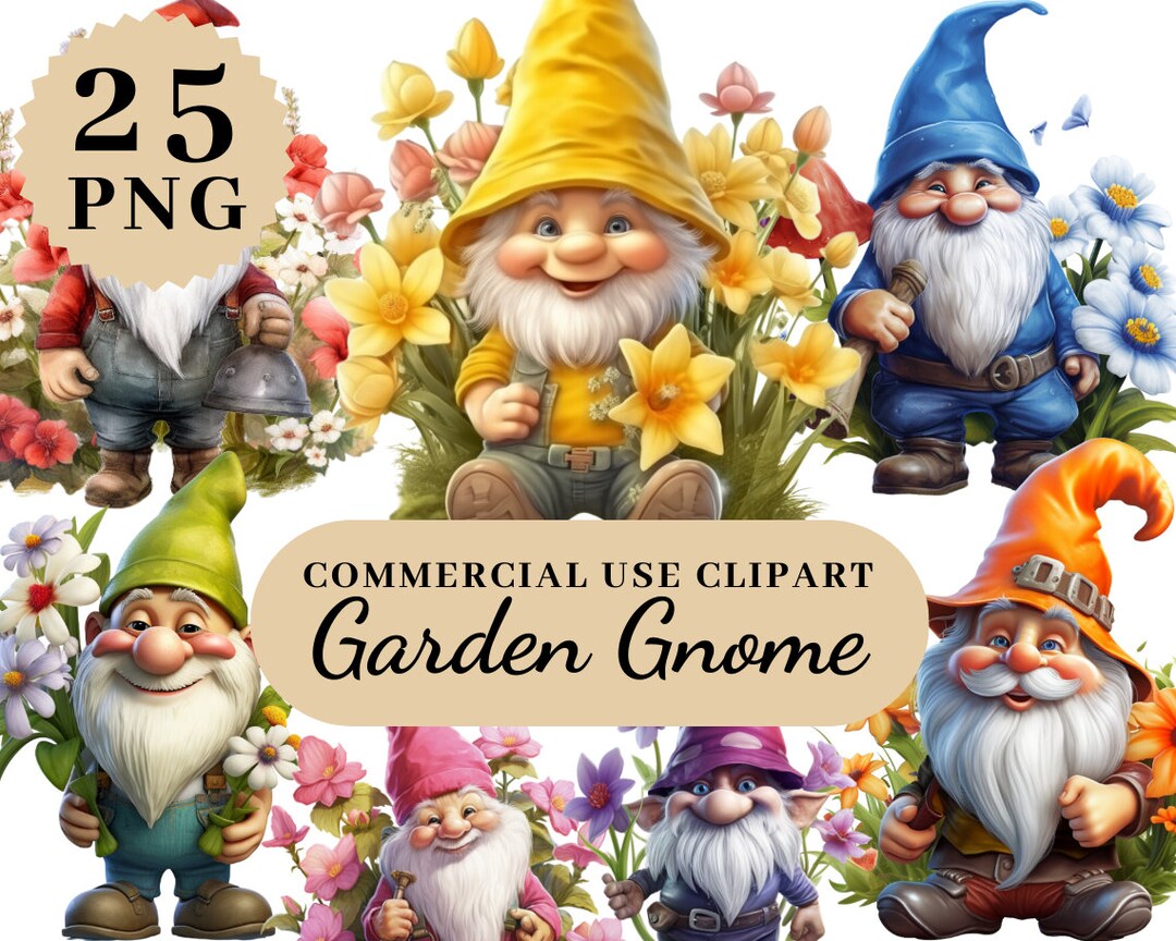 Watercolor Garden Gnomes Pngs, Garden Gnome, Floral Spring Clip Art ...