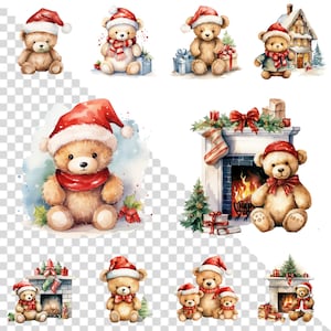 Watercolor Christmas Teddy Bear Clipart, Christmas Decorations Clipart ...