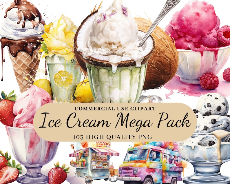 103 PNG Watercolor Ice Cream Clipart Ice Truck Cones and - Etsy