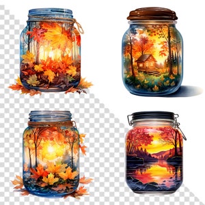 Watercolor Autumn Jar Clipart Bundle, Fall Scences Clipart, Autumn Fall ...
