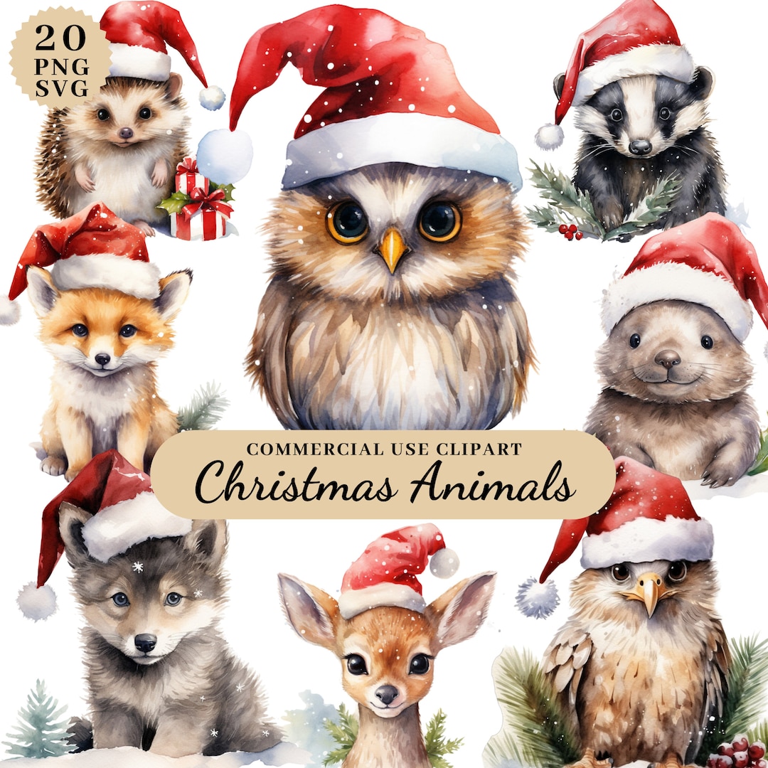 Watercolor Christmas Animals Clipart, Animals With Santa Hat, Christmas ...