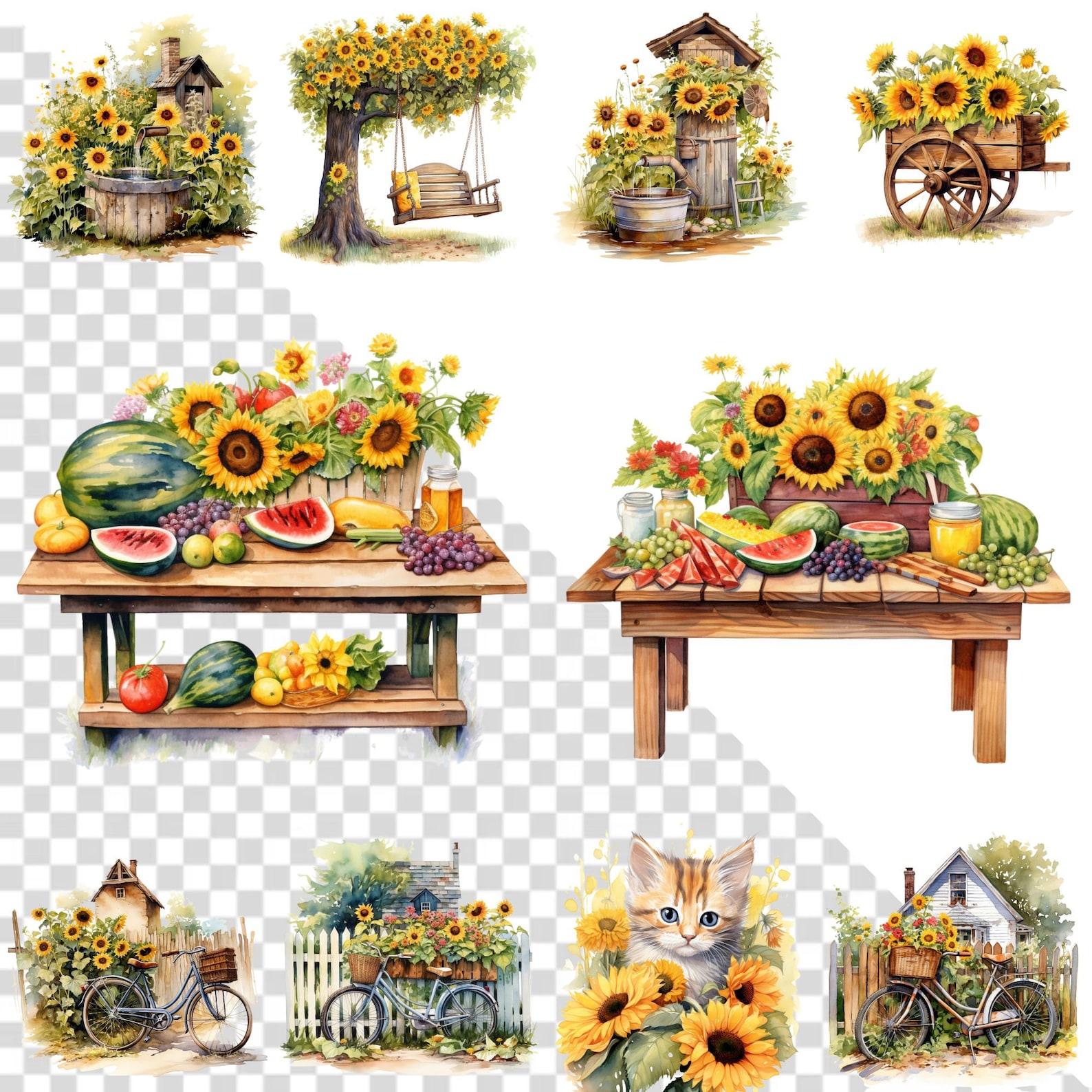 Watercolor Sunflower Garden Clipart, Botanical Sunflower Clipart ...