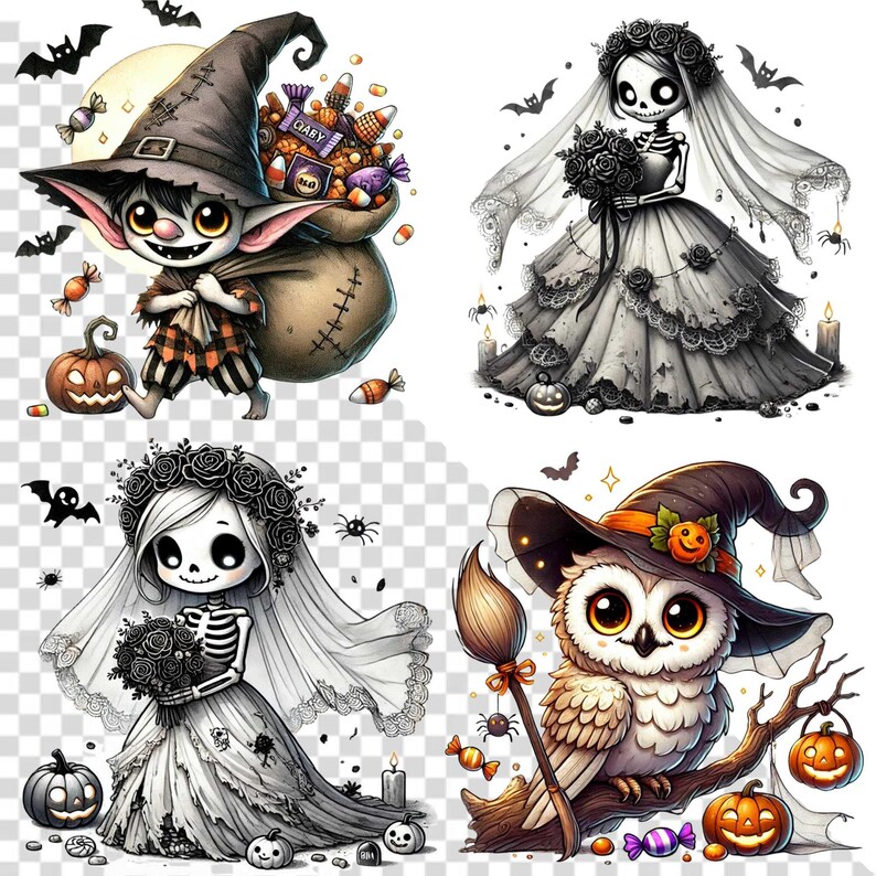 Cute Halloween Character Clipart, Witch, Vampire, Mummy & Skeleton ...