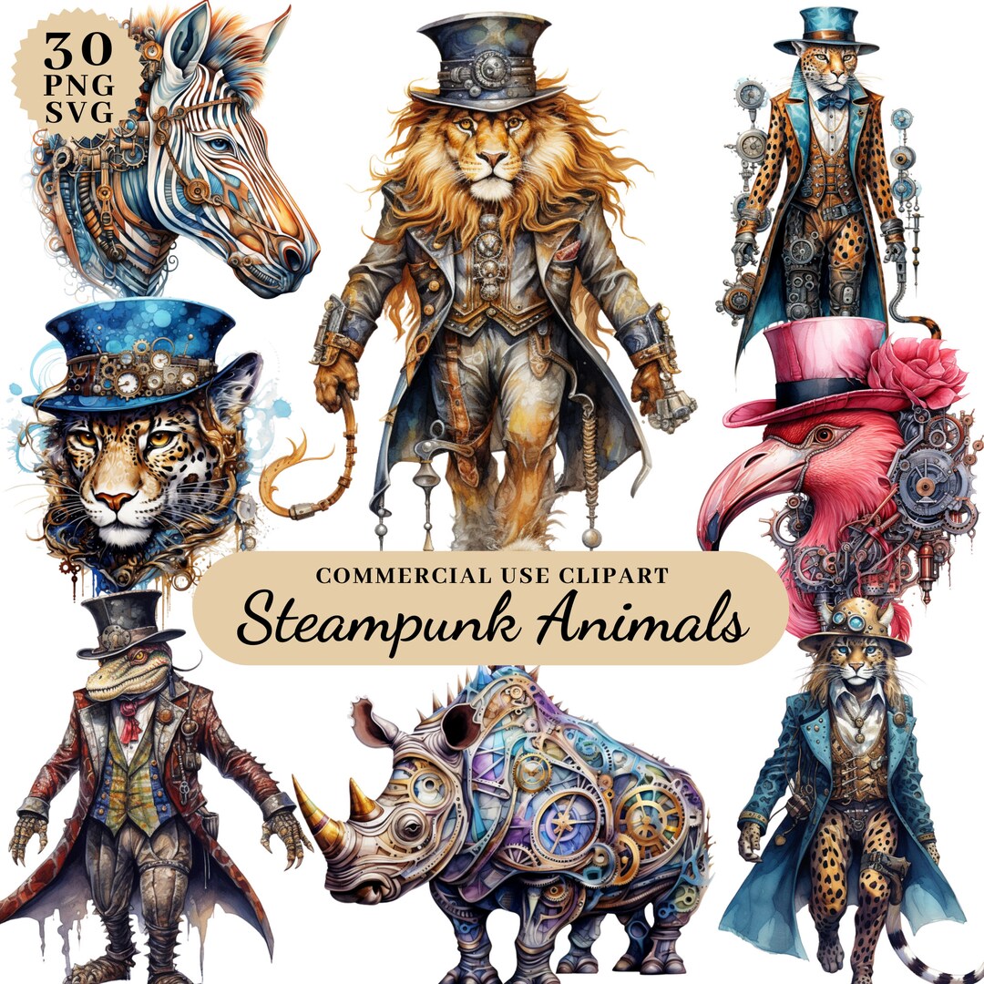 Watercolor Steampunk Safari Animals Clipart Bundle, Downloadable ...